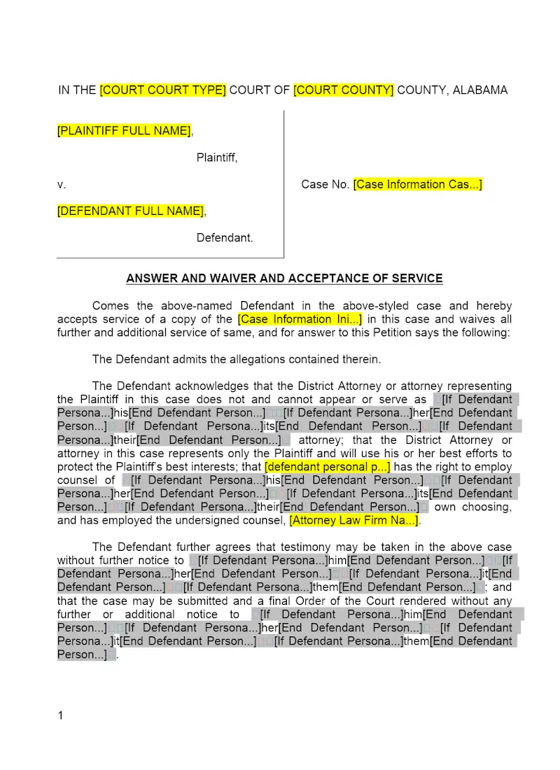Alabama Answer and Waiver and Acceptance of Service (CS-3) | Clio