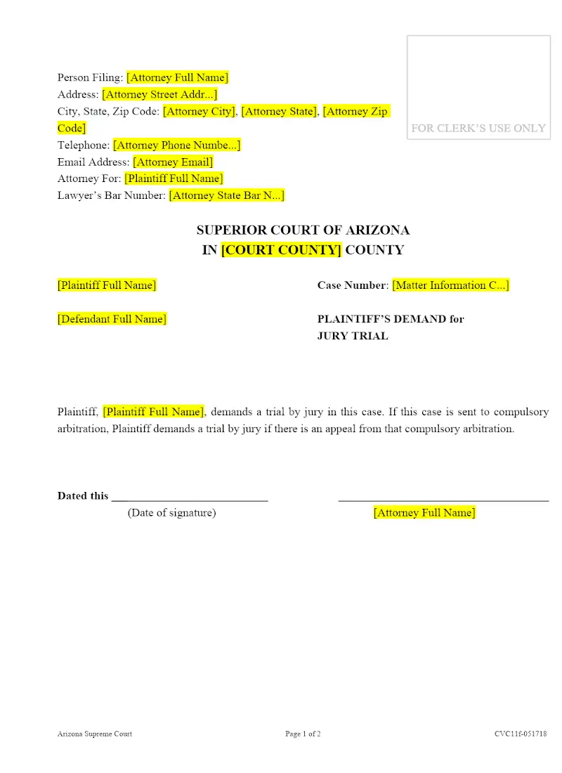 Arizona Demand for Jury Trial (Forms CVC11F and CFC32F) | Clio
