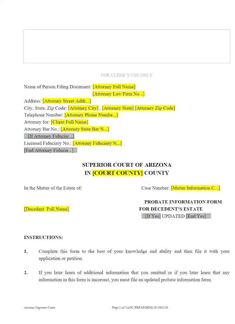 Arizona Probate Information Form for Decedent's Estate (Form 11) | Clio