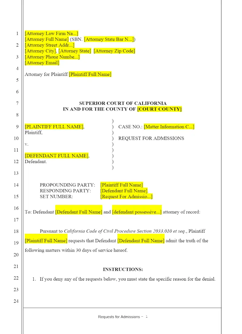 California Plaintiff's Requests for Admission - Personal Injury | Clio