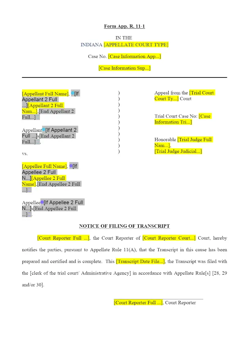 Indiana Notice of Filing of Transcript (11-1) | Clio
