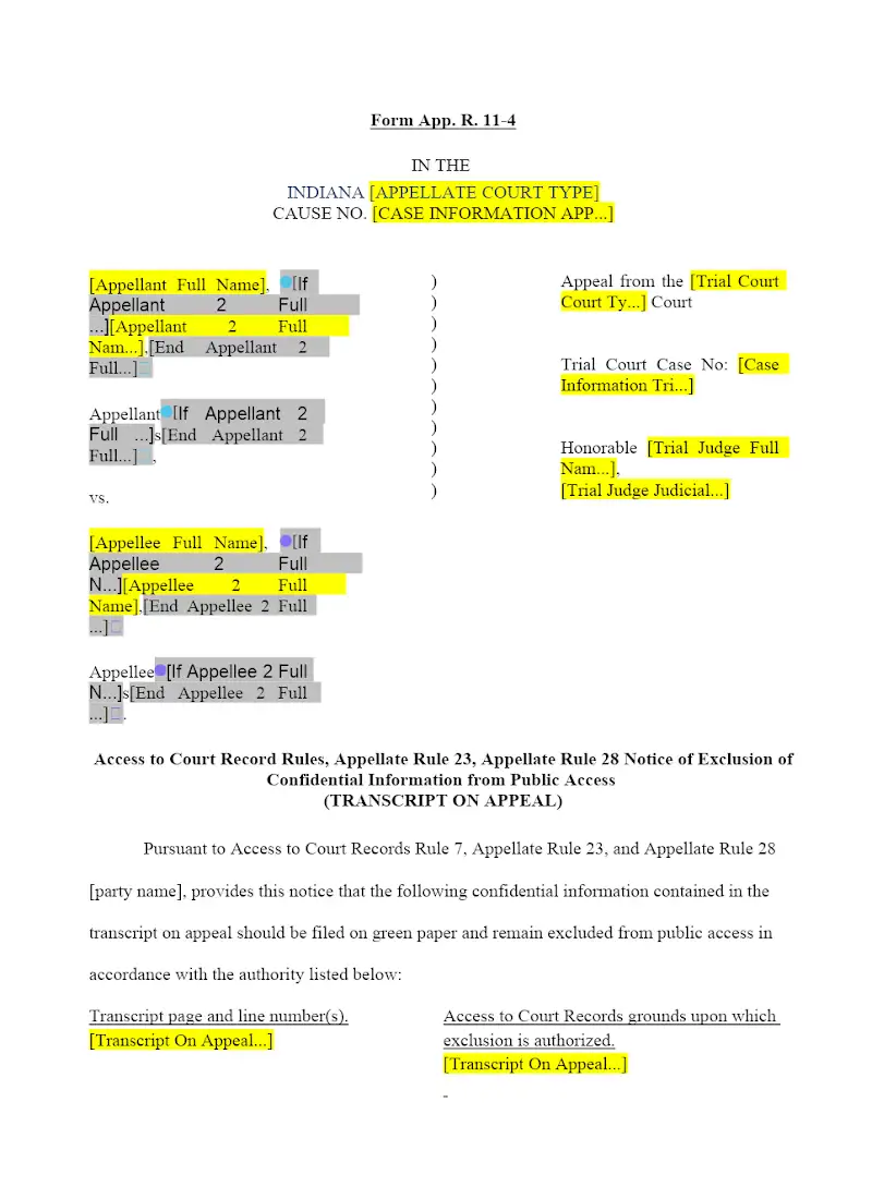 Indiana Transcript on Appeal, Notice of Exclusion of Confidential Info (11-4) | Clio
