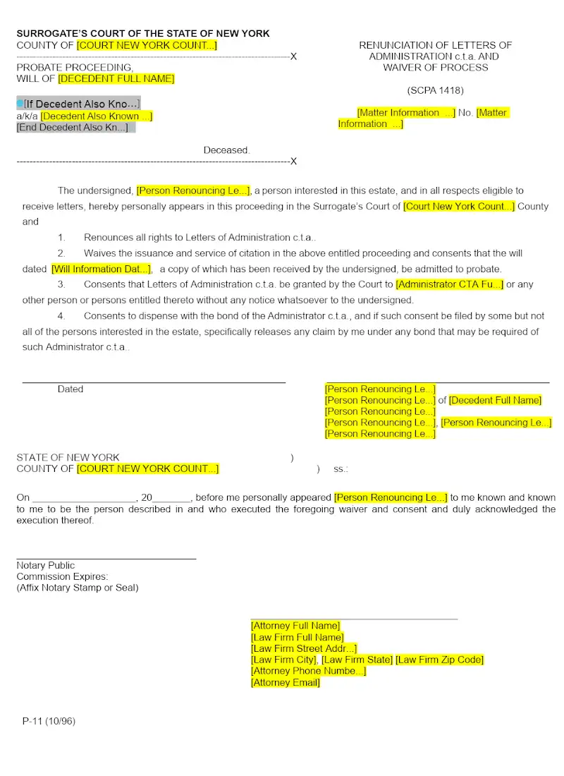 Renunciation of Letters of Administration c.t.a. and Waiver of Process ...