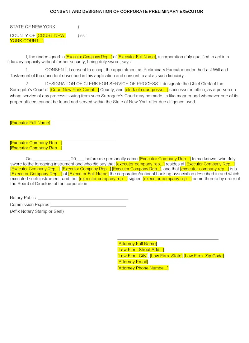 New York Consent and Designation of Corporate Preliminary Executor (Inside NYS) | Clio