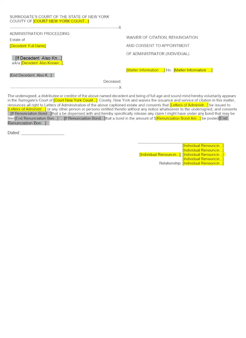 New York Waiver of Citation, Renunciation and Consent to Appointment of ...