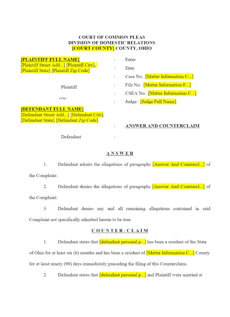 Ohio Answer and Counterclaim, No Children | Clio