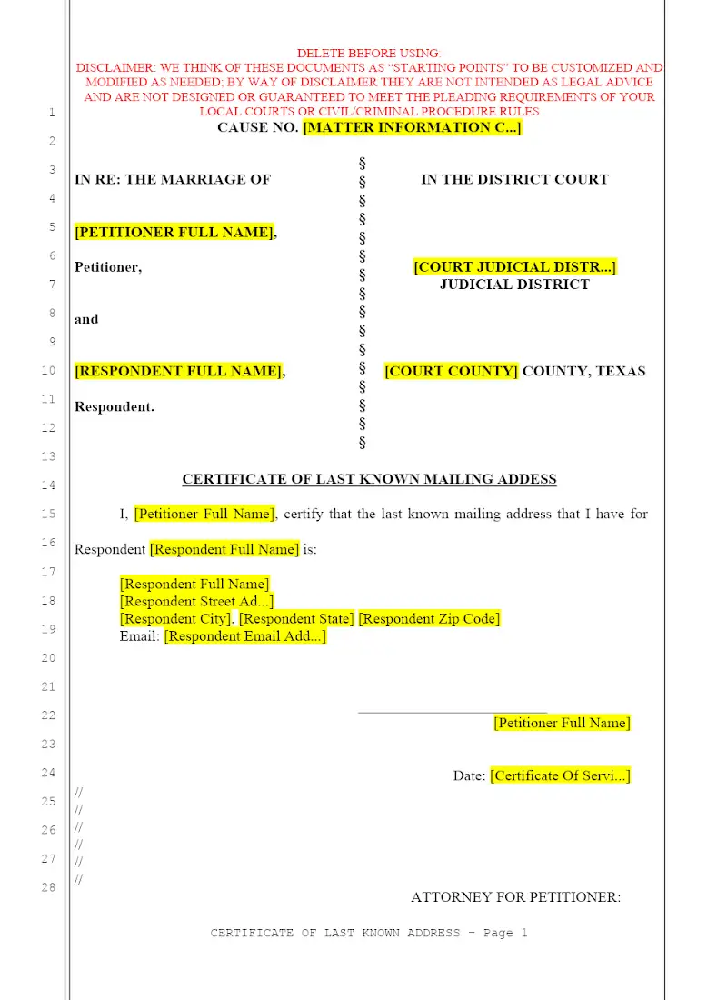 Certificate of Last Known Mailing Address | Clio