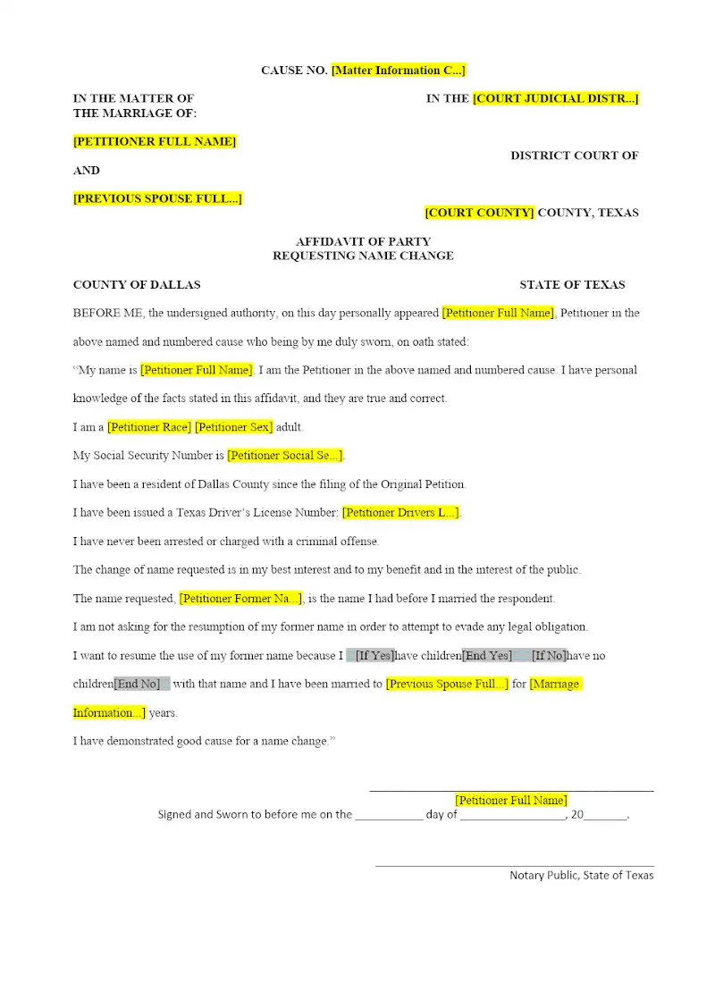 Texas Affidavit Requesting Name Change | Clio