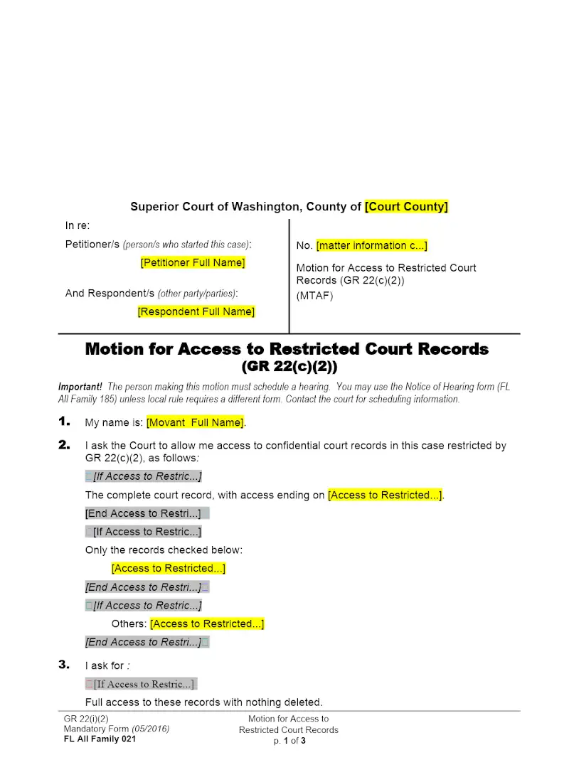 Washington Motion for Access to Restricted Court Files (Form FAM 021 ...