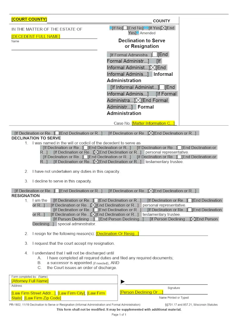 Declination to Serve or Resign (PR-1802) | Clio