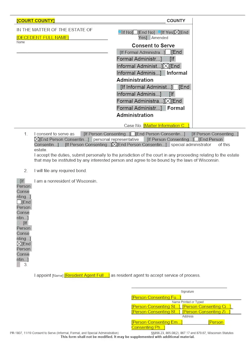 Wisconsin Consent to Serve - Informal, Formal, and Special Administration (PR-1807) | Clio