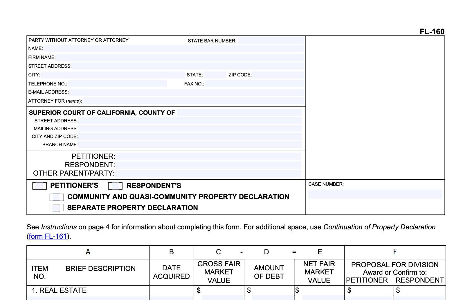 California's FL-160 Form: Property Declaration (Download Here) | Clio